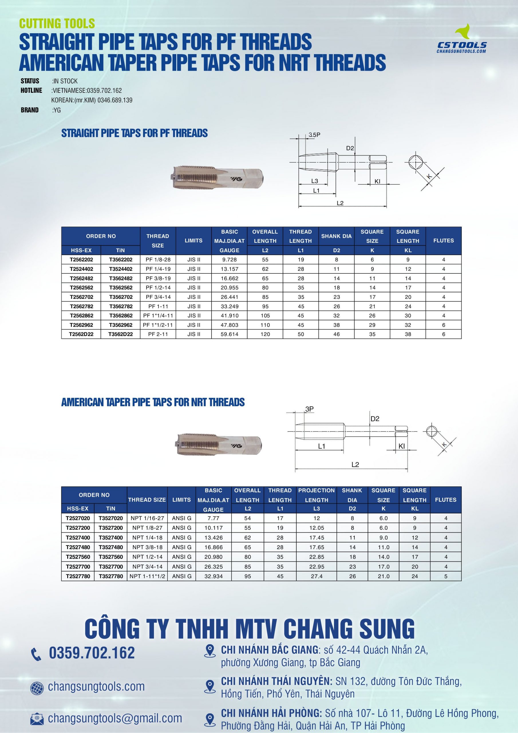 STRAIGHT PIPE TAPS FOR PF THREADS - CÔNG TY TNHH MỘT THÀNH VIÊN CHANG SUNG